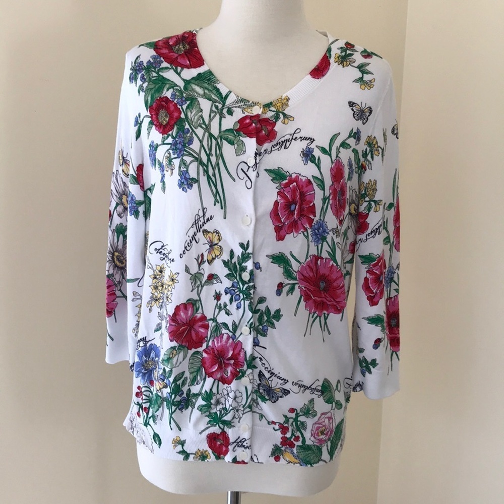 Talbots Size Lp White Combo Hibiscus Print Cardigan - Gem